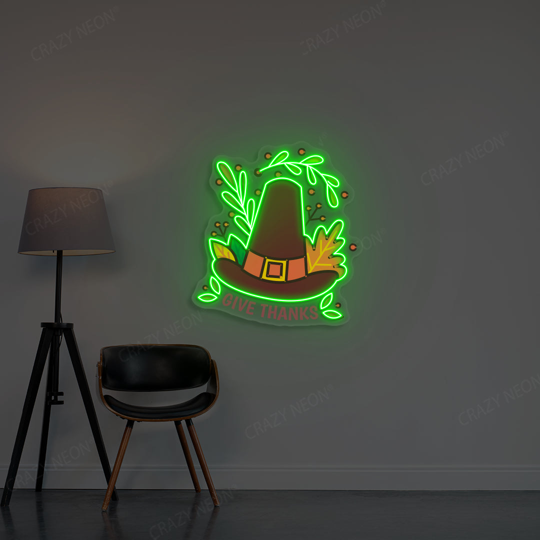 Shop Pilgrim Hat Give Thanks LED Neon Sign – Crazy Neon